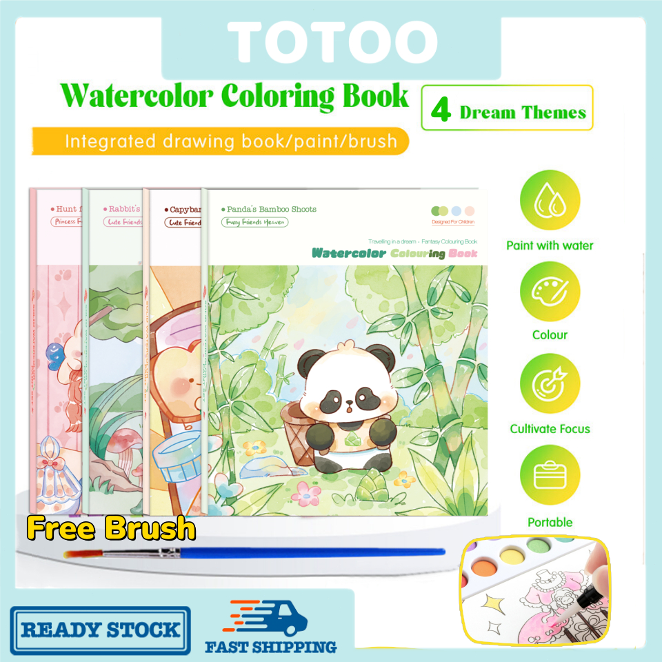 16/24 Sheets Watercolor Coloring Book Set with Paintbrush DIY Colorful ...