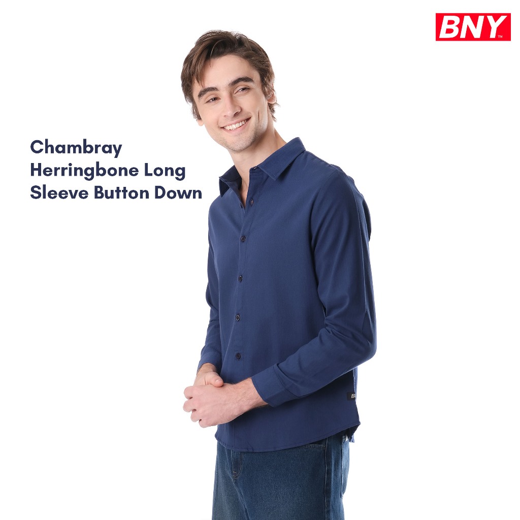 BNY Men's Chambray Herringbone Long Sleeve Button Down Shirt (504 ...