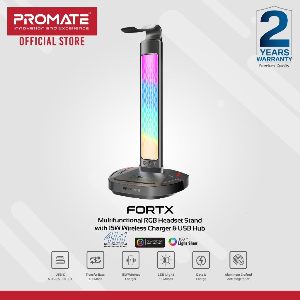 Promate FortX Multifunctional RGB Headset Stand 15W Wireless Charger ...