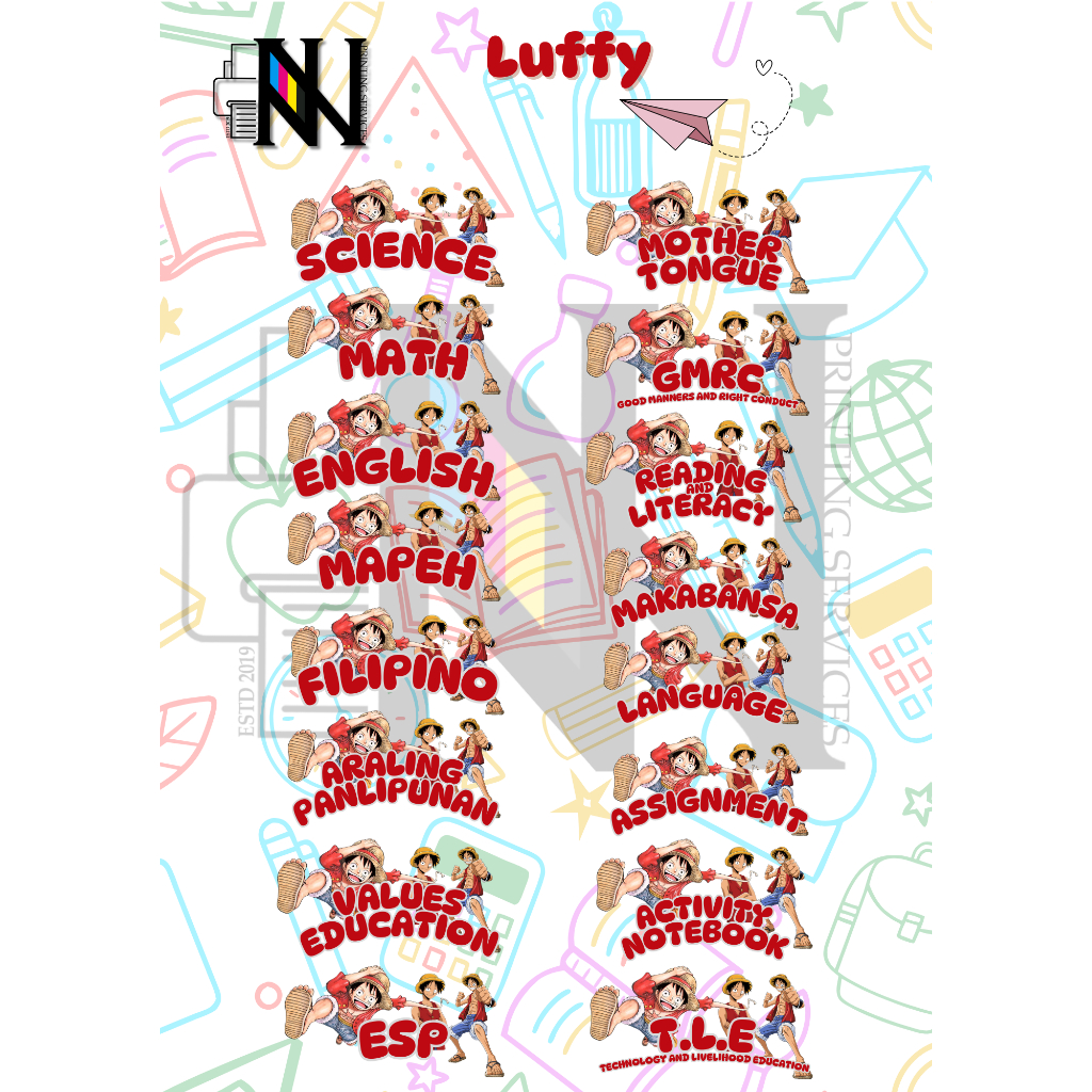 16 ANIME/GAME DESIGN CHARACTER SUBJECT LABELS FOR SCHOOL LUFFY ...