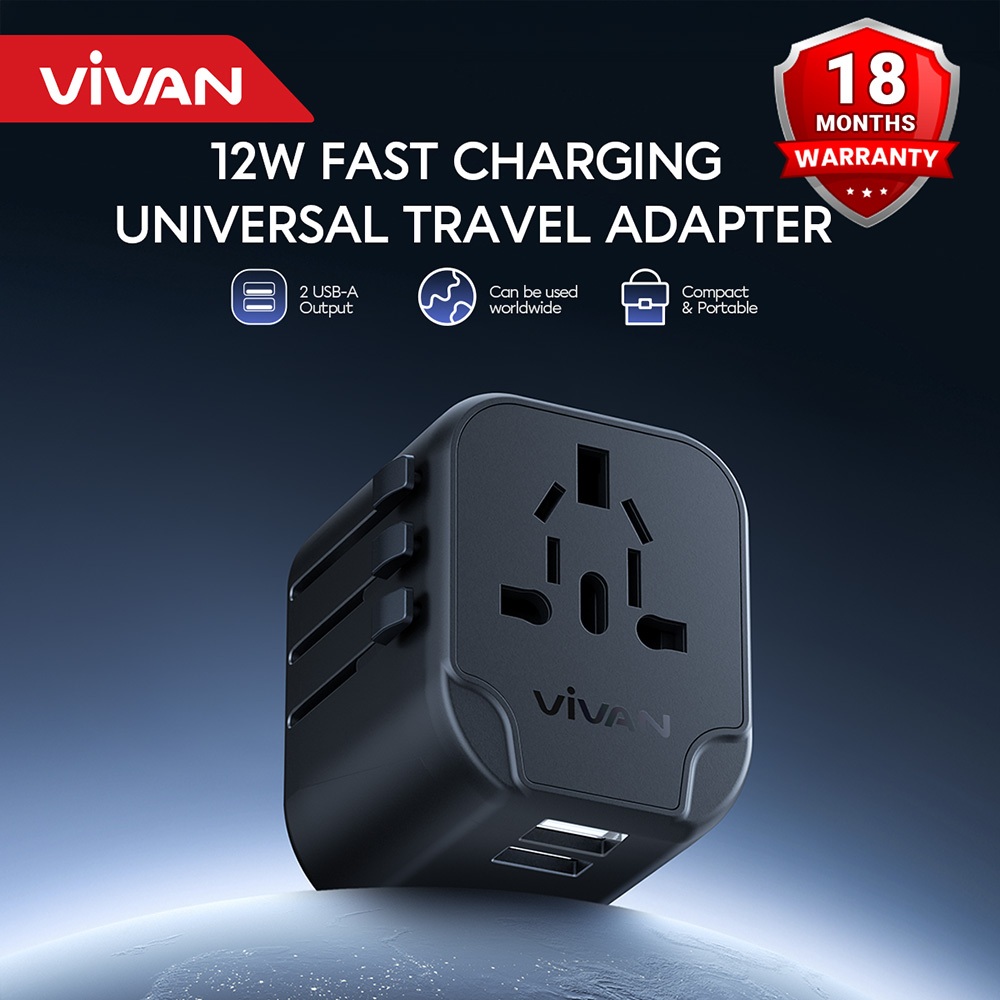 Vivan VPS-T002A Travel Adaptor 12W Dual USB A Multi-country Charger ...