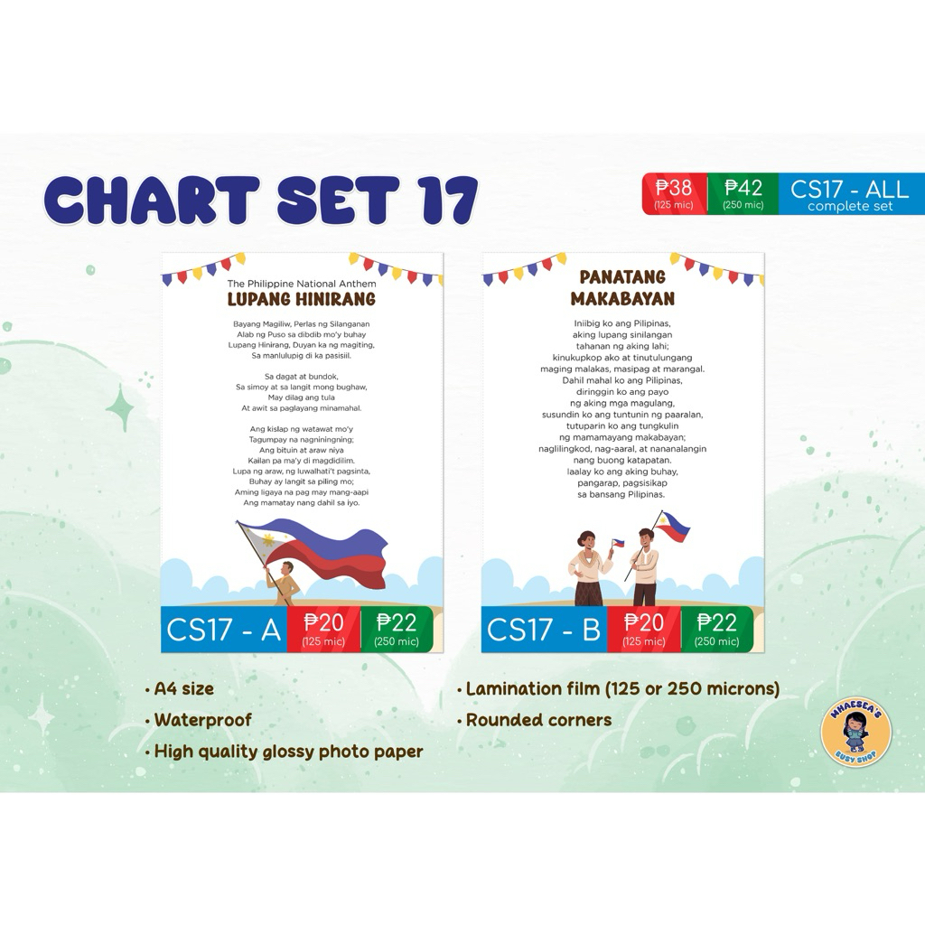 Laminated Educational Chart Set 17 - Lupang Hinirang | Panatang ...