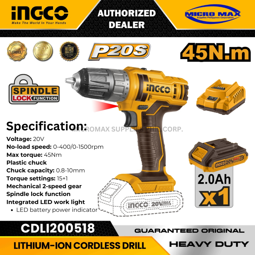 INGCO (CDLI200518) Lithium-Ion Cordless Drill | Shopee Philippines