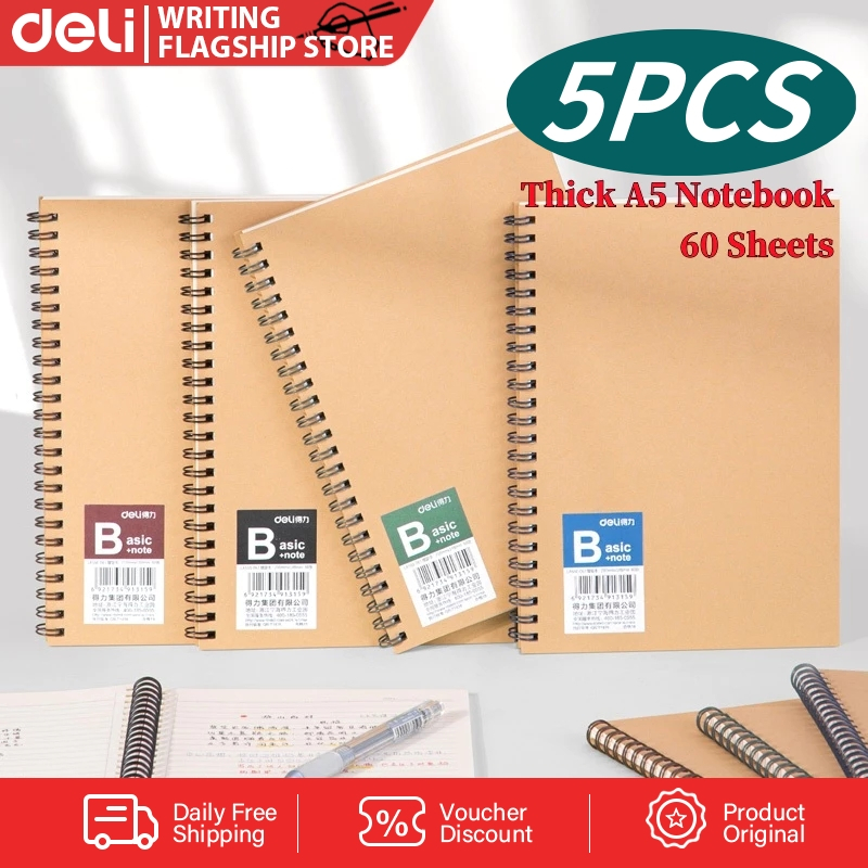 Deli 5PCS Thick A5 Spiral Notebook 60 Sheets Binder Notebook Student ...