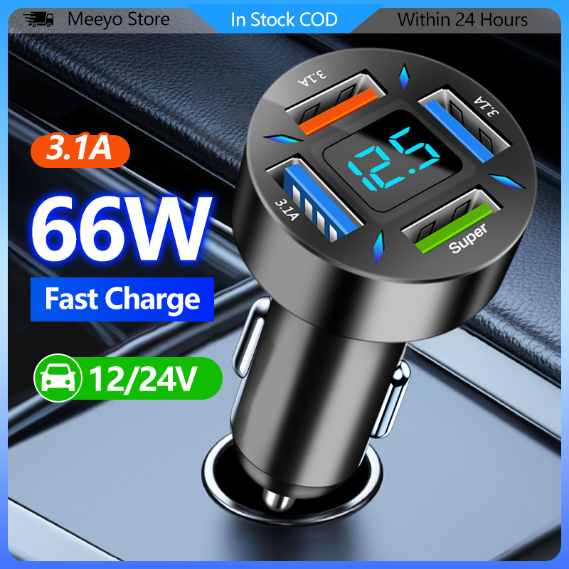 66W LED Car Charger 4 Ports Fast Charge PD QC 3.0 USB-C Adapter for ...