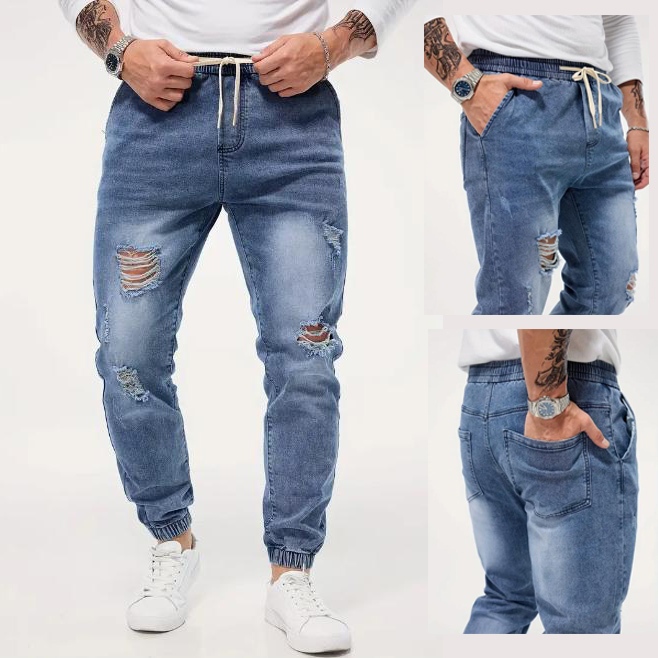 Men's Straight Leg Cuffed Ripped Jeans With Drawstring, Fashion Comfy ...