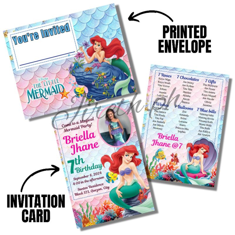 MERMAID Invitation Card for Birthday or Christening with printed ...