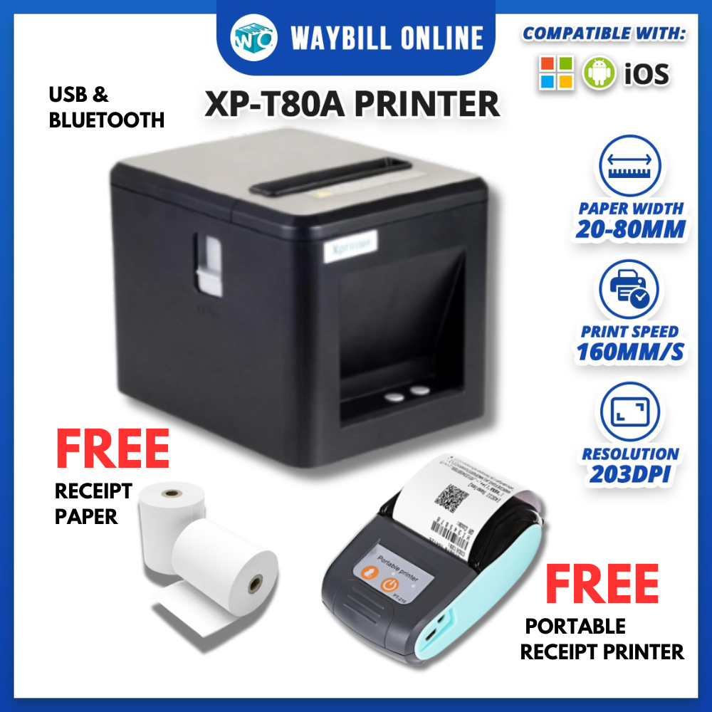 XP-T80A 80mm Receipt Printer Bluetooth Thermal Printer AUTO CUT FREE 5 ROLLS Receipt Paper ...