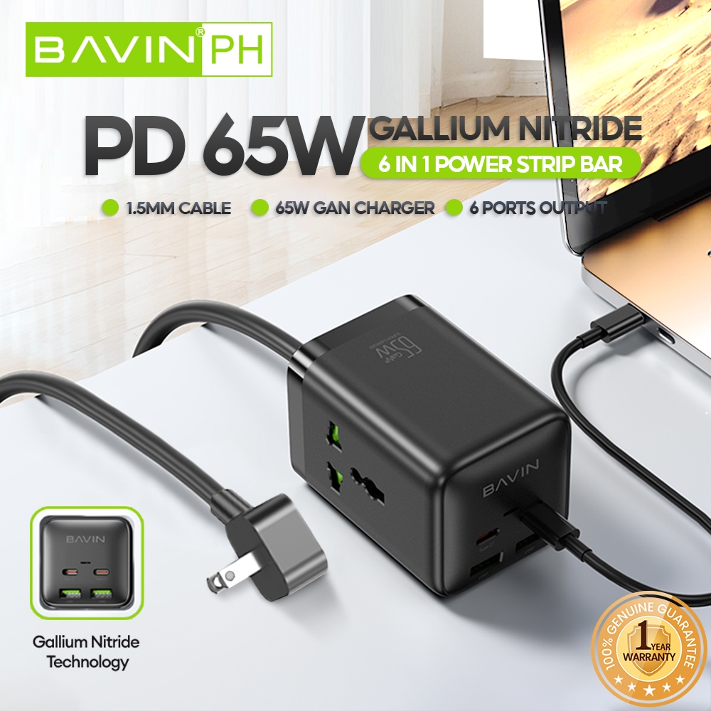 BAVIN PC2026 65W Desktop Power Strip Wall Charger GaN Fast Charging Extension Cord for USB ...