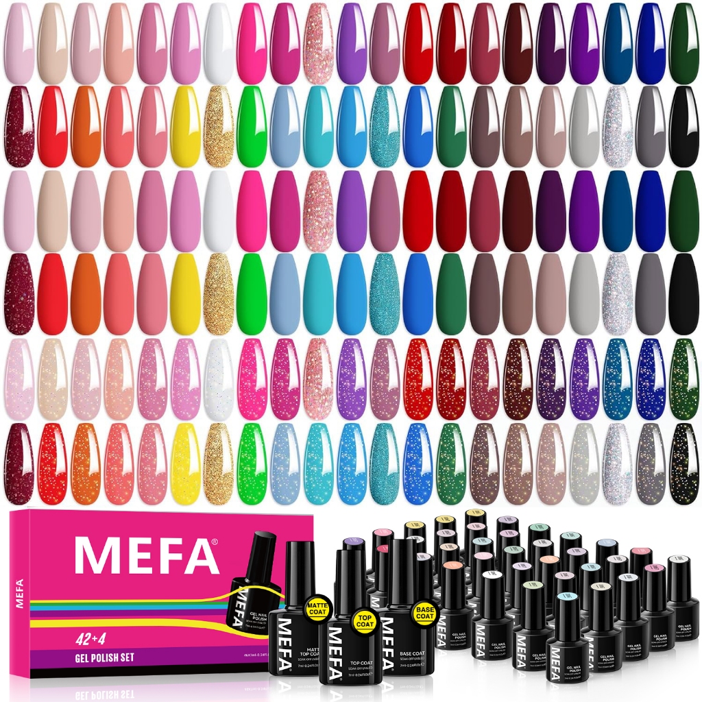 MEFA Gel Nail Polish Set 42+4 PCS with Base Coat/Glitter/Glossy/Matte ...