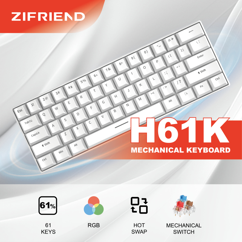 ZIFRIEND H61K Mechanical Keyboard Brown Red Blue Switch Wired Rainbow Backlight Small Game ...