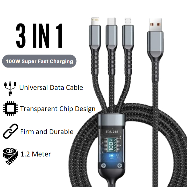 TDA-218 100W 3 In 1 Multiple Super Fast Charging Data Line with ...
