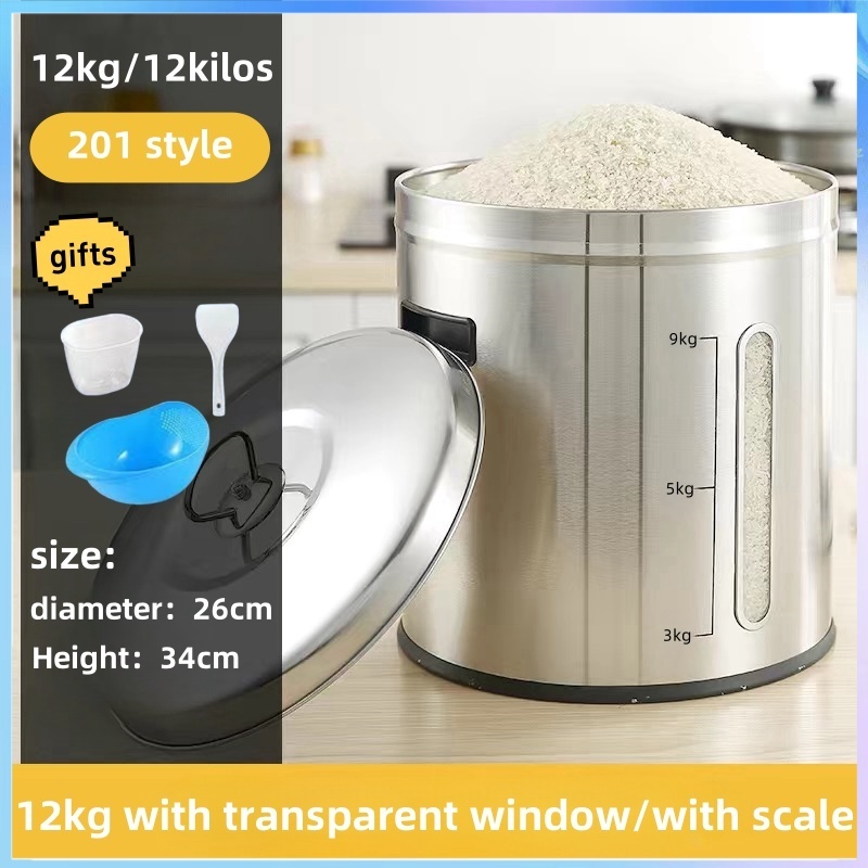 12kg Stainless Rice Dispenser Rice Storage Container with Lid Food ...