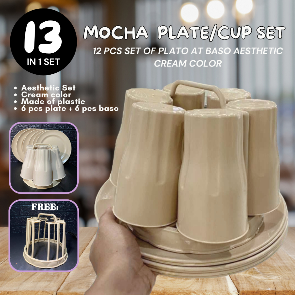 12 IN 1 Aesthetic Cream Color Plastic Plate and Cup Set with Rack High ...