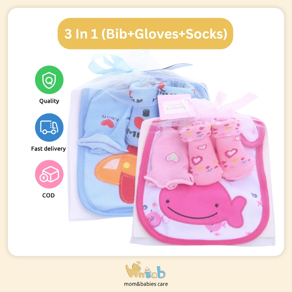 Hntob 6M+ 3 in 1 Bib Socks Gloves Set For Infant Newborn Randomly Given ...