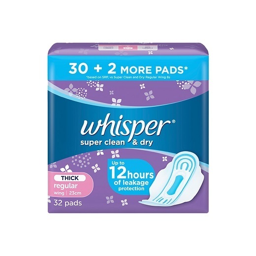 Whisper Super Clean and Dry Regular Flow Wings 32 Pads, Bundle of 2 ...