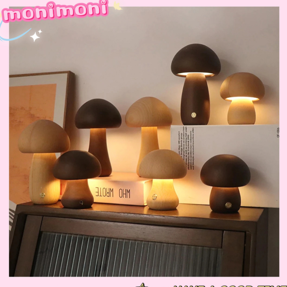 INS LED MINI Night Light With Touch Switch Wooden Cute Mushroom Bedside Table Lamp For Bedroom ...