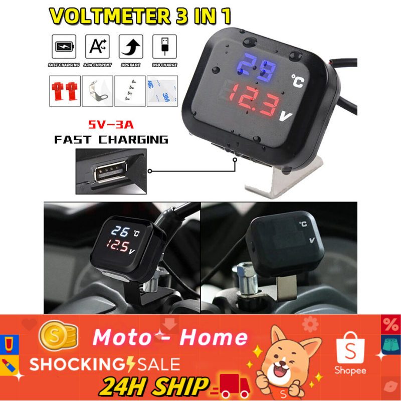 3 in 1 Motorcycle Voltmeter Thermometer With Quick Charging USB Port ...