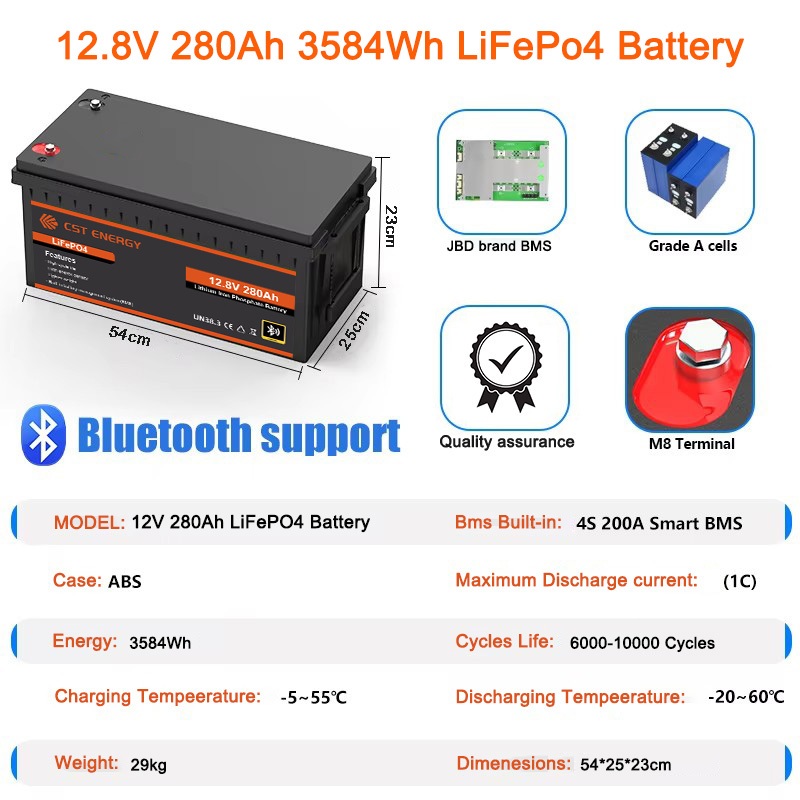 12V 280Ah Lithium Battery Bluetooth Lifepo4 Battery, CST ENERGY 10000 ...