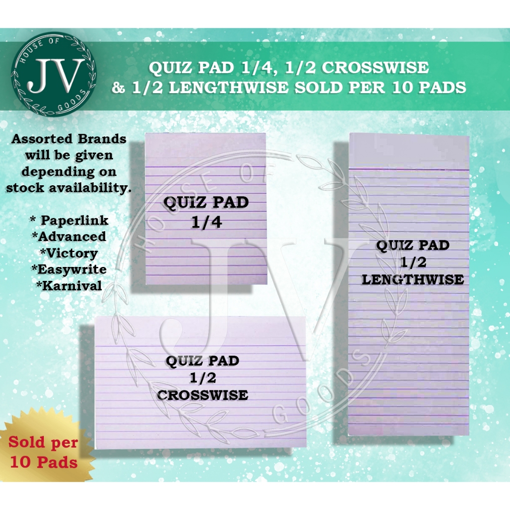 Quiz Pad 1/4 , 1/2 Crosswise & 1/2 lengthwise sold per 10Pads 80lvs ...