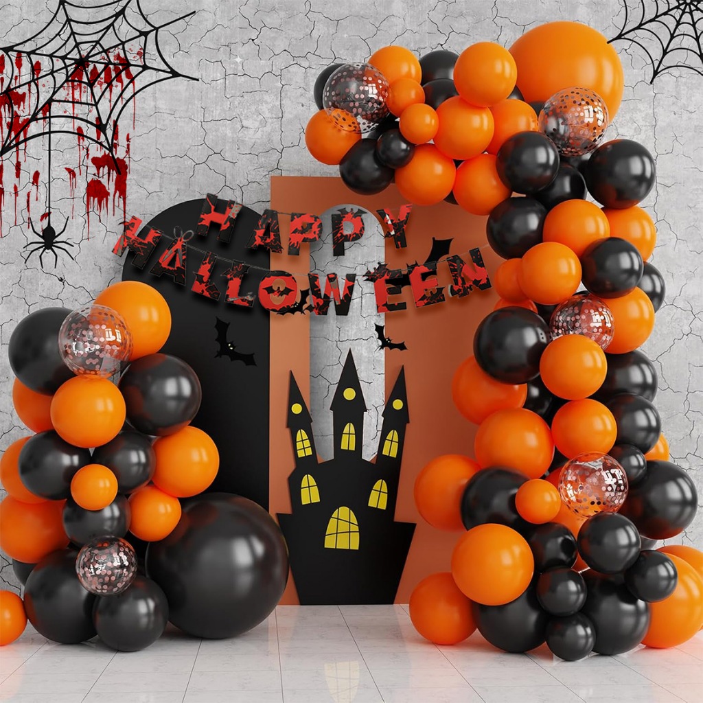 Halloween Party Balloon Set Happy Halloween Banner Black Orange Balloon ...