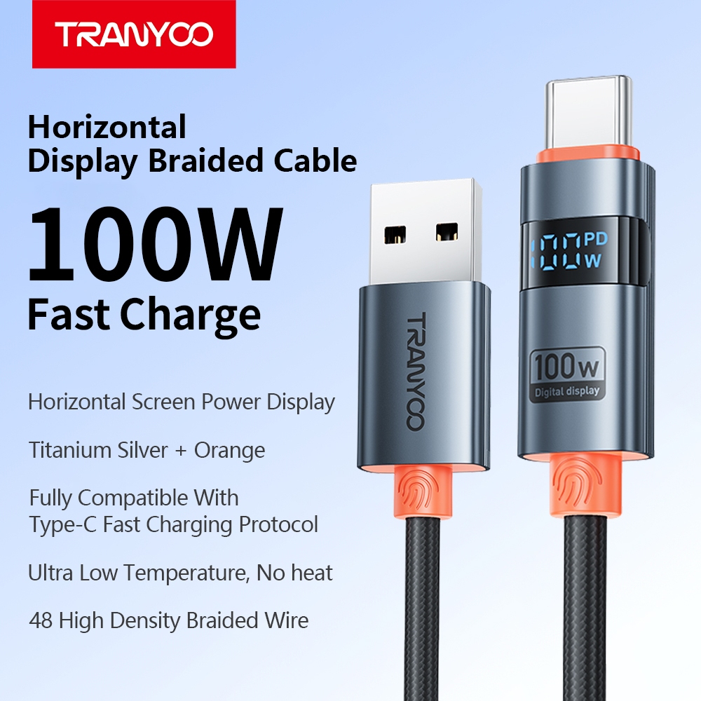 Tranyoo CC-6 100W 1.2M Data Cable 6A Fast Charging Power Digital Display for USB Type-C Iph ...