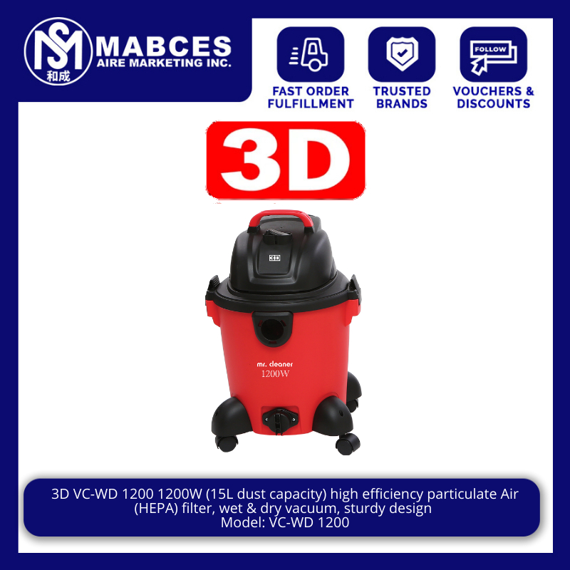 3D VC-WD 1200 1200W (15L dust capacity) high efficiency particulate Air ...