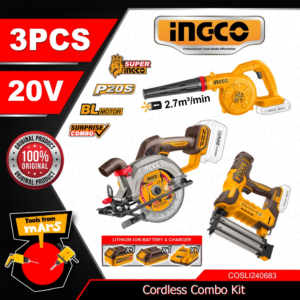 INGCO 3pcs Cordless 20V Li-Ion Blower | Circular Saw | Brad Nailer ...