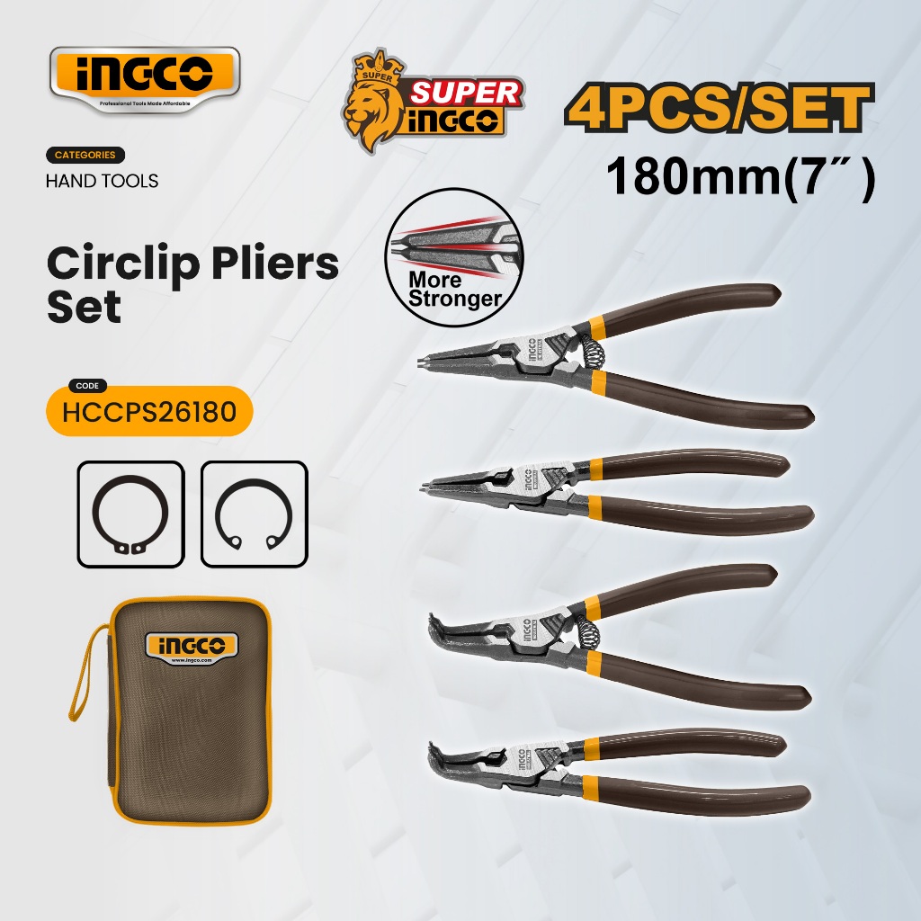 Ingco 4pcs 7" Inch Cr-V Circlip Pliers Set with Canvas Bag Hand Tools ...