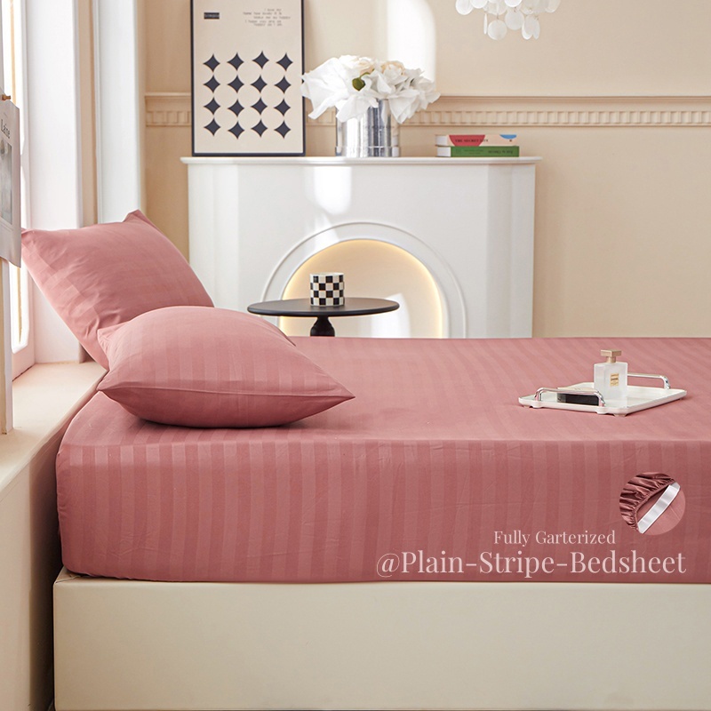 3in1 Plain Stripe Bedsheet 100% Canadian Cotton Fully Garterized Plain ...