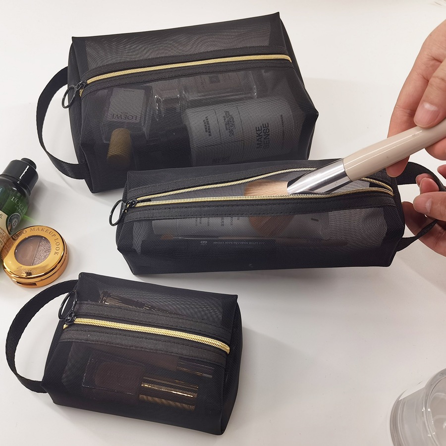 Black Layer Travel Cosmetic Bag Large Capacity Mesh Makeup Bag Makeup ...