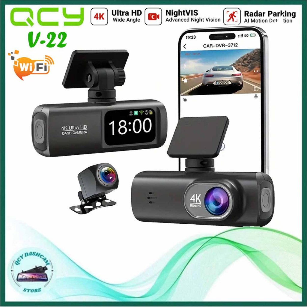QCY V-22 UHD 4K Dual Dash Cameras Front and Rear for Smart App Control, WDR, Super Night Vision ...