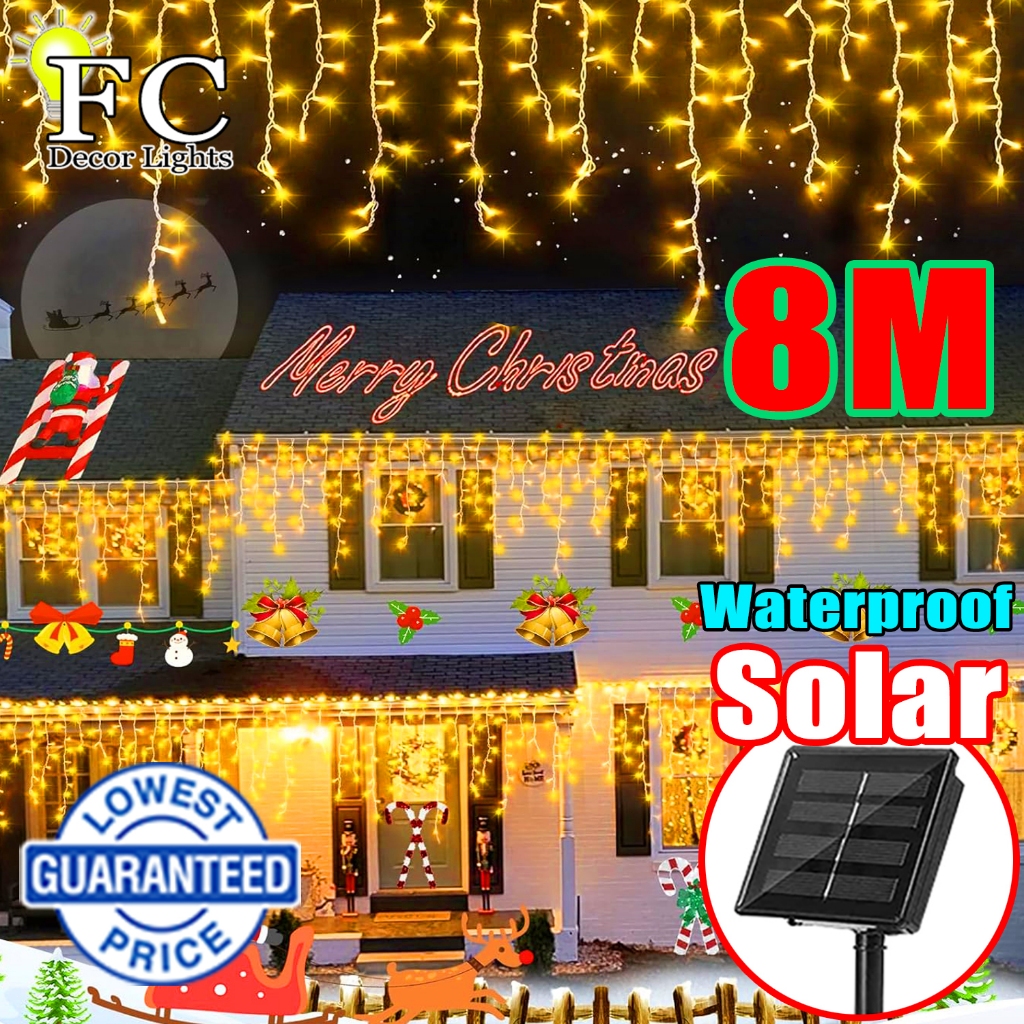 8M Solar Lights Curtain Icicle Lights Fairy String Lights Waterproof for Christmas Garden Tree ...