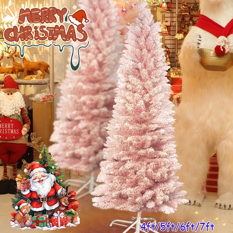 Pink Flocking Christmas Tree Christmas Pointed Snow Slim Artificial ...