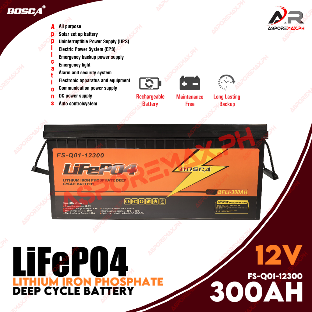 Bosca Solar Battery 12V 300AH LiFeP04 Lithium Iron Phosphate Deep Cycle ...