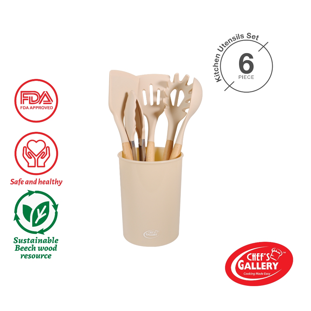 Chef's Gallery 6-Piece Silicone Kitchen Utensils Set with Beech Wood ...