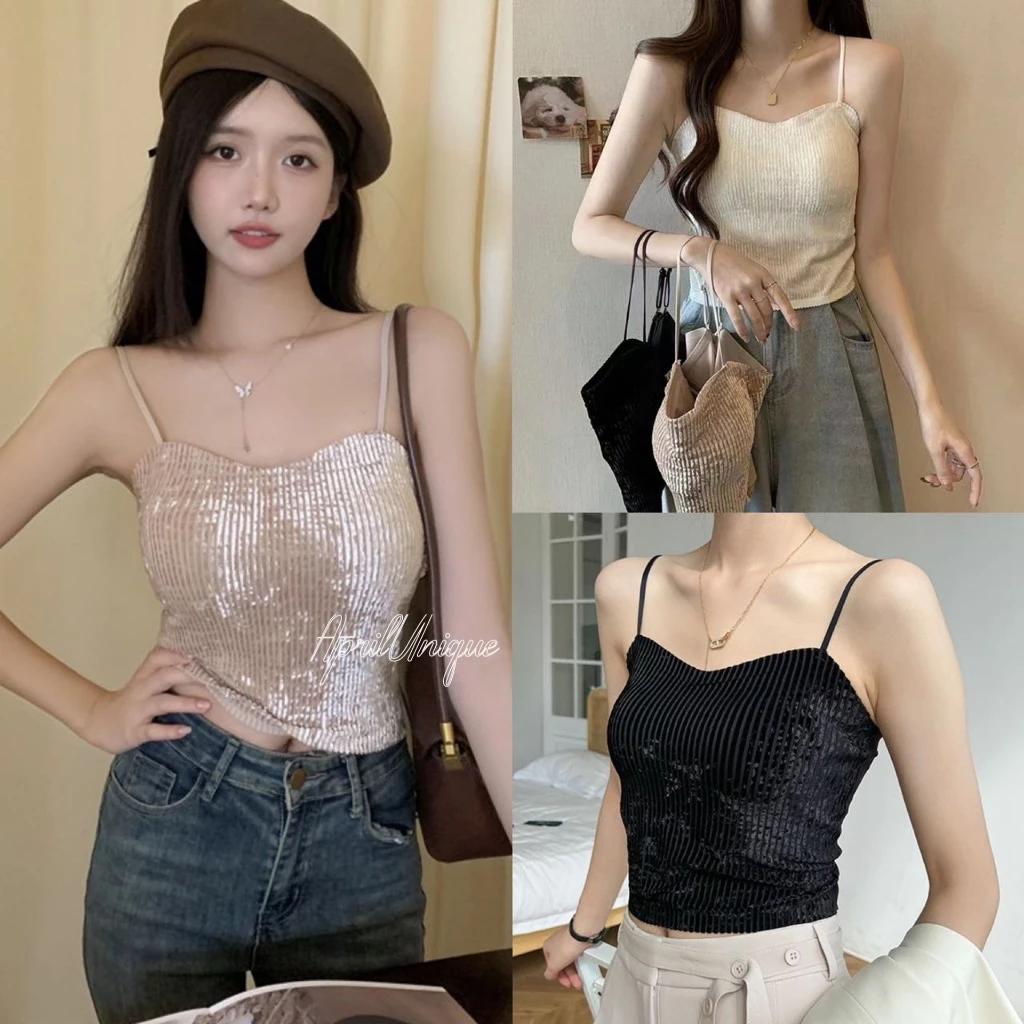 Bralette Crop Top Korean Style Velvet Shiny Spaghetti Strap Padded Tube ...