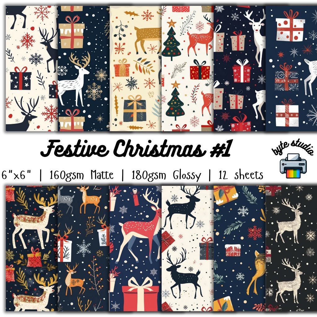 12 Sheets Festive Christmas #1 by byte studio | Cardstock Craft Paper ...