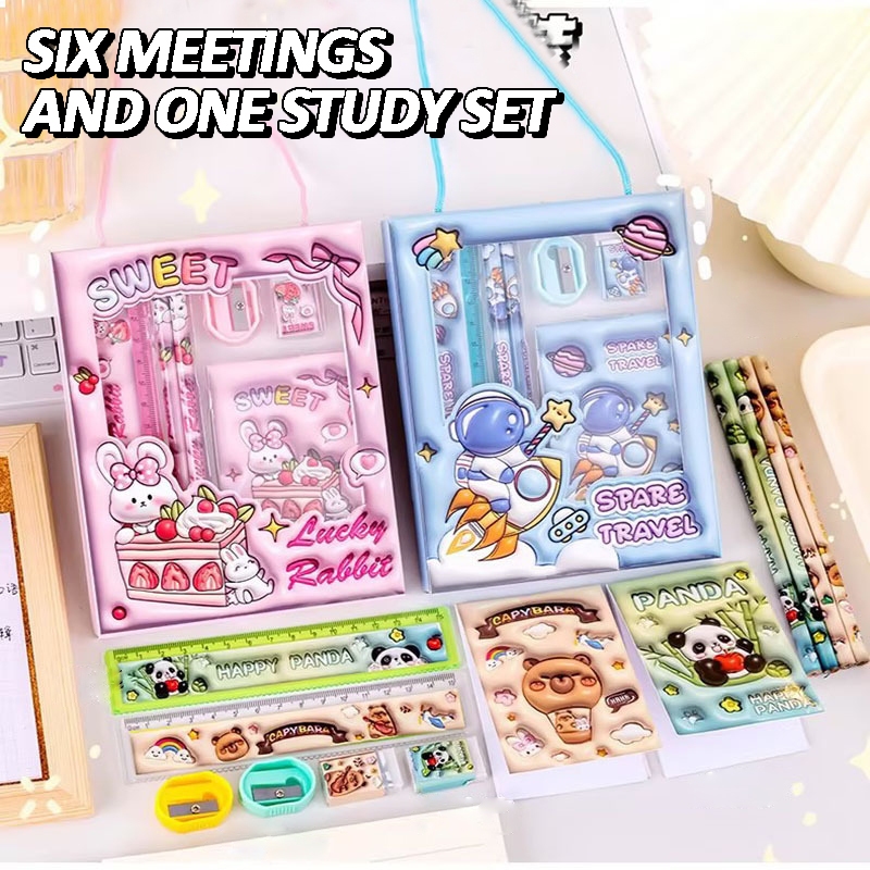 6 In 1 Cartoon School Set Cute Stationery Set Pencil Ruler Eraser Kids ...