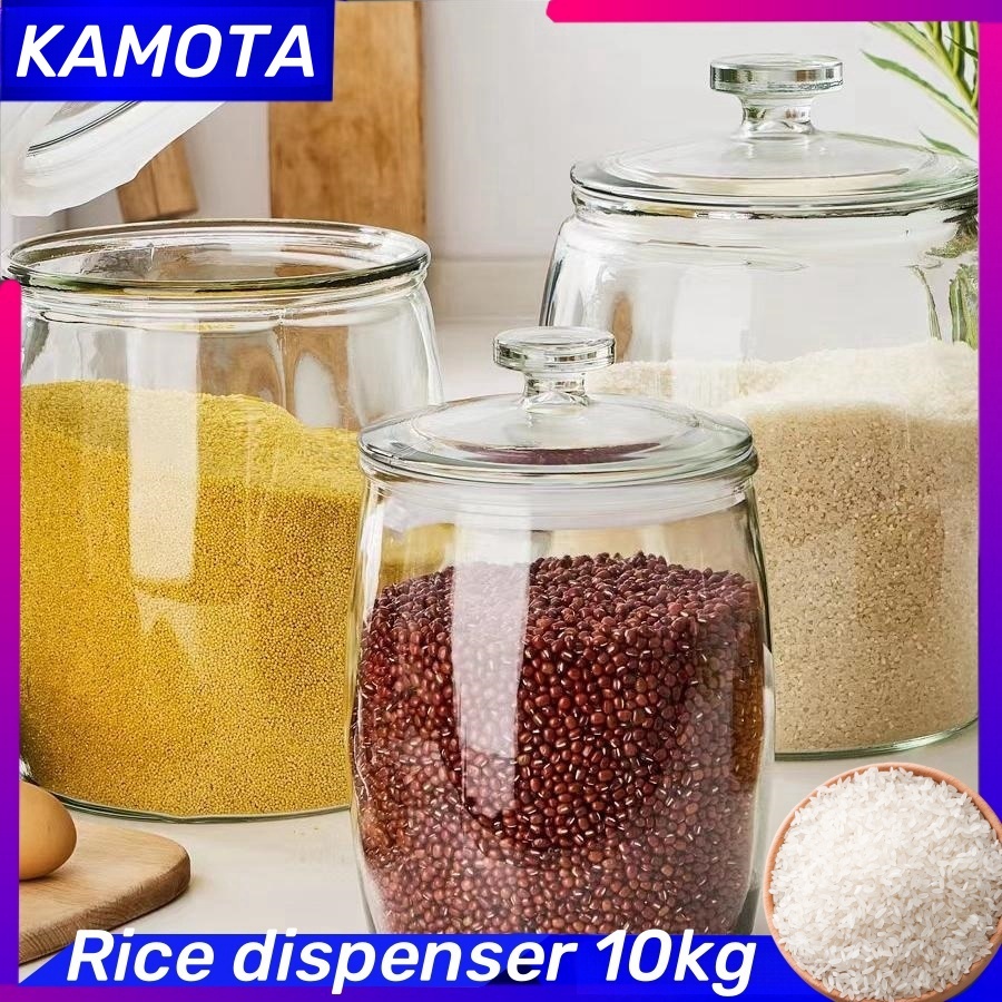 Rice dispenser 10kg glass jar with lid airtight container food storage ...
