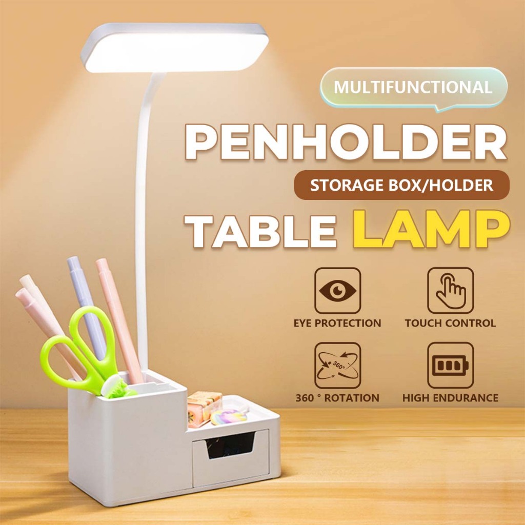 LED Rechargeable Desk Lamp Study Lamp With Pen Holder Dimmable Table ...