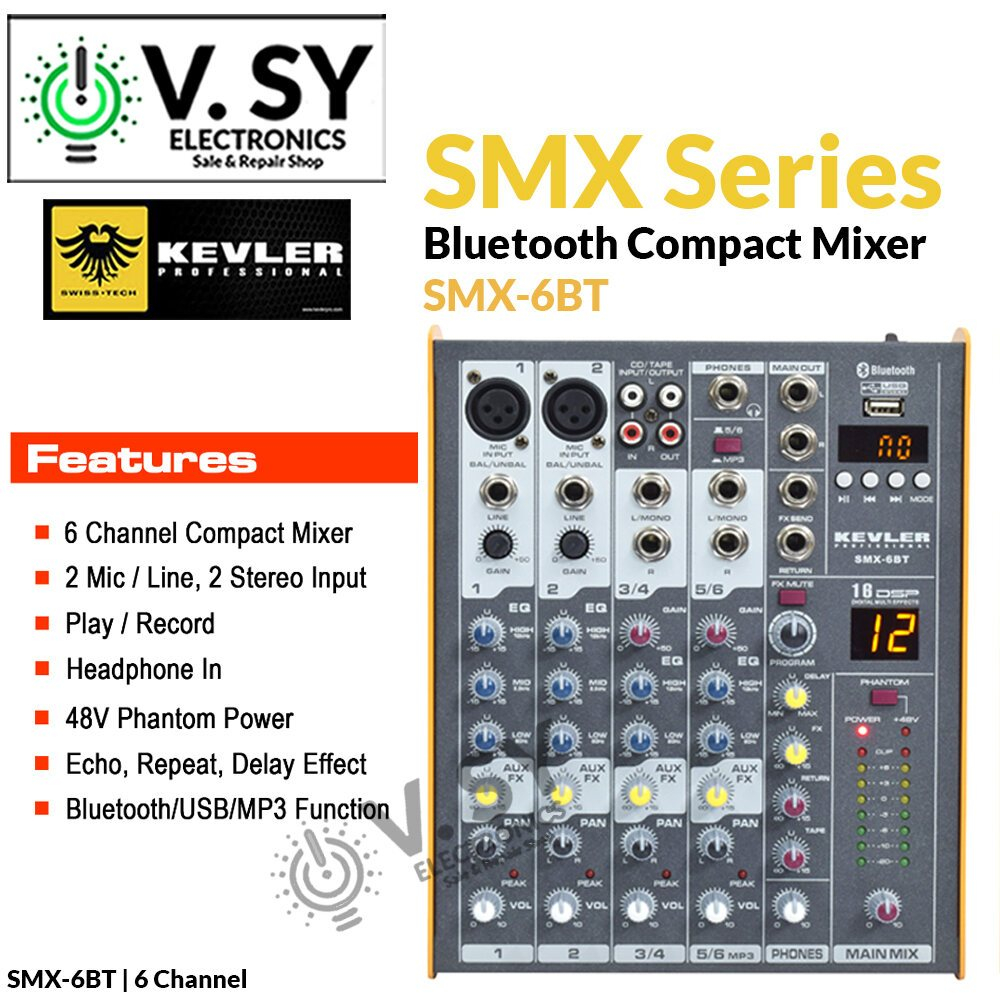 Kevler Professional SMX-6BT USB 6 Channel 6CH Compact Mixer with ...