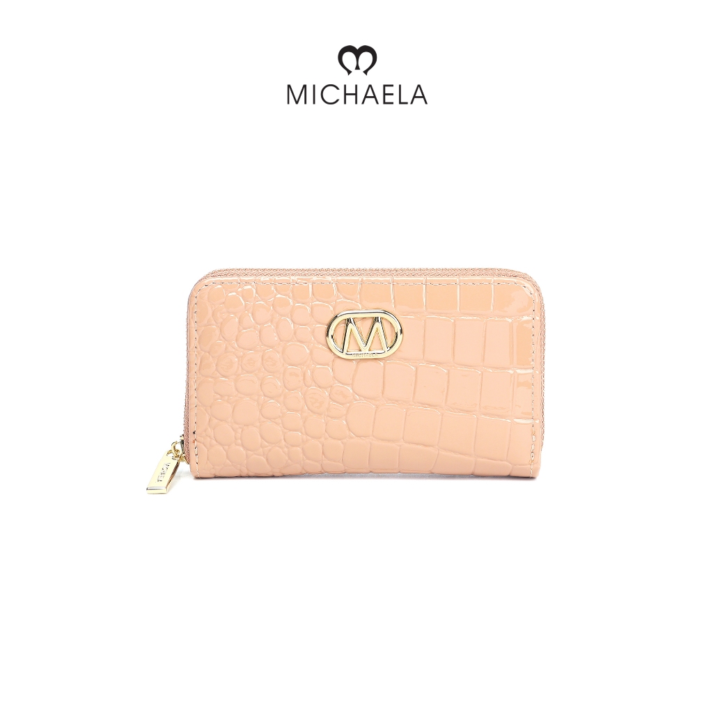 MICHAELA Glossy Zipper Short Wallet with Removable Keychain ...