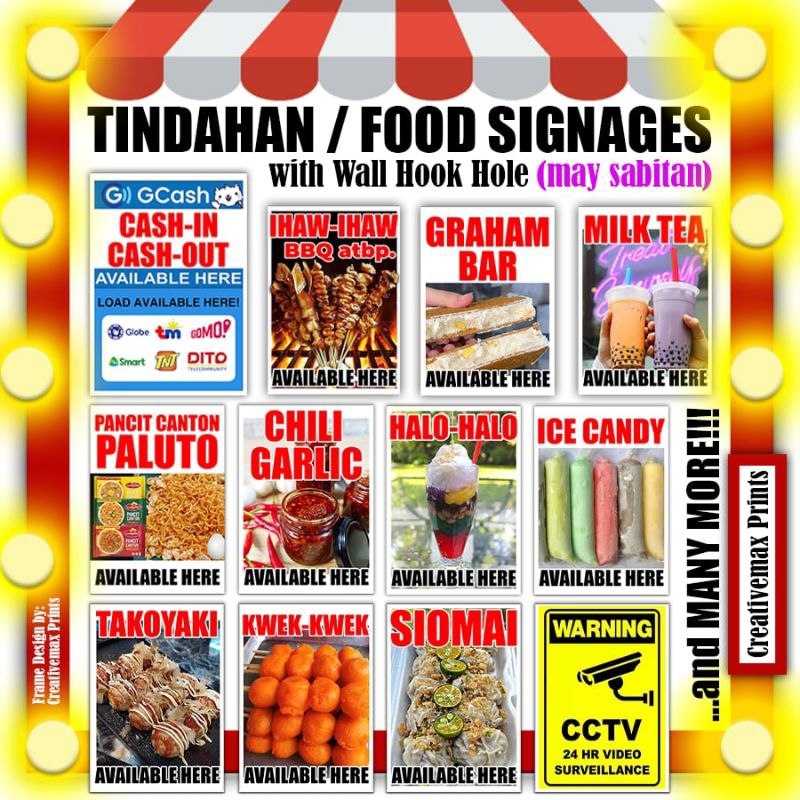 LAMINATED SIGNAGES w/ "Wall Hook" (may Sabitan) for Food/Tindahan - A4 ...
