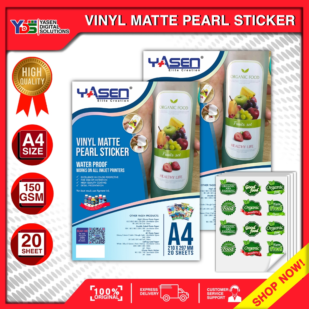 Yasen A4 Vinyl Matte Pearl Sticker 150GSM Waterproof Printable Label ...