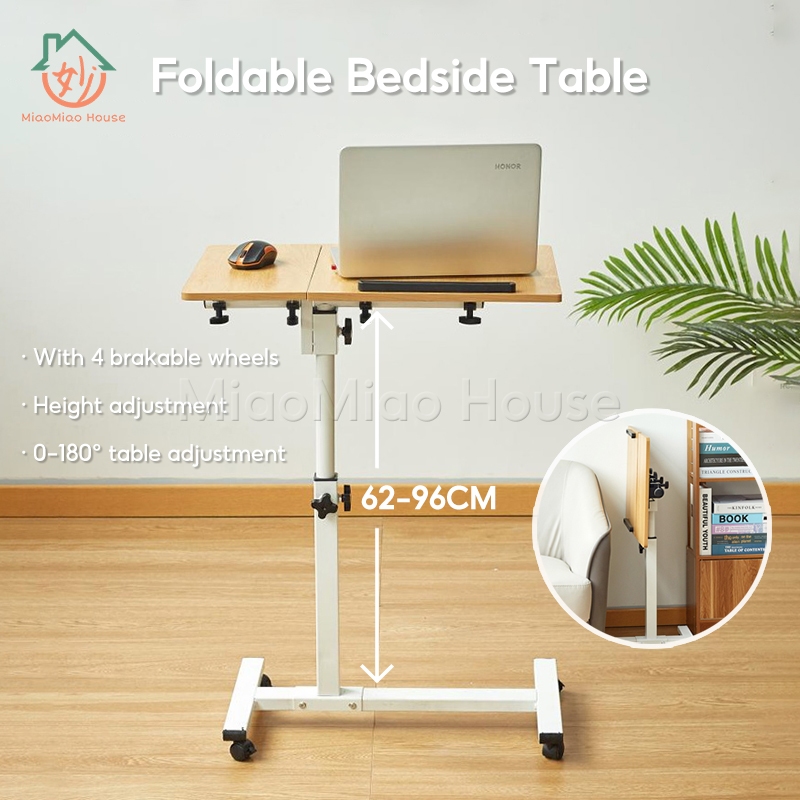 Foldable bedside table With 4 brake wheels Adjustable height side table ...