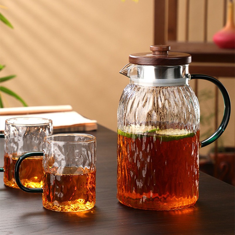 SYS21 Glass Stovetop Textured Body Borosilicate Wooden Lid Pitcher Safe Water Mug with Handle ...