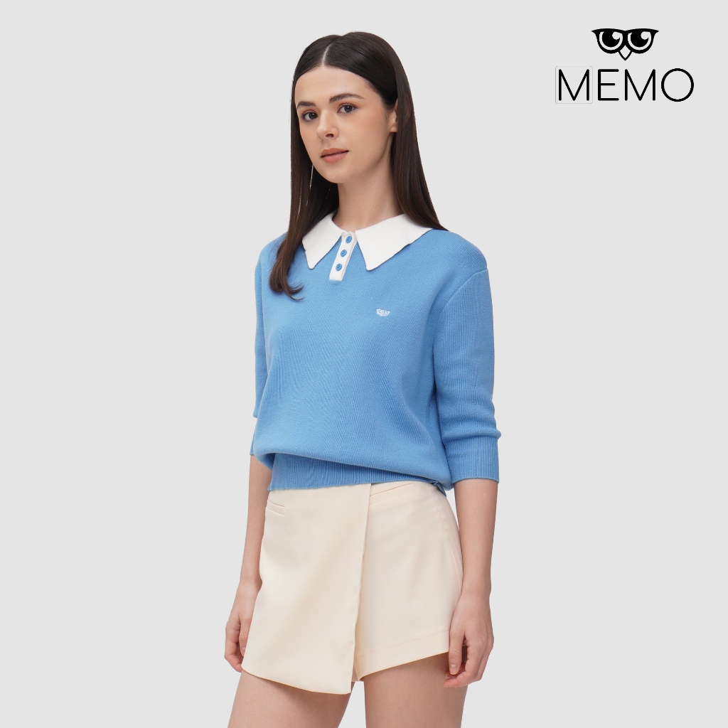 Memo 3/4 Sleeve Contrast Collar And Placket Polo For Women (Blue/Lime ...
