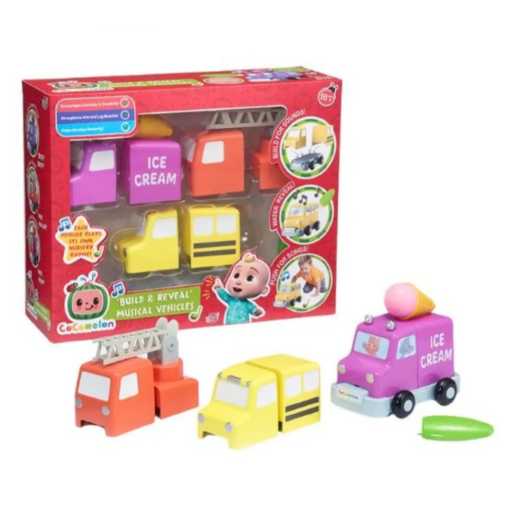 CoComelon Toys Build & Reveal Musical Vehicles | School Bus Fire Engine ...