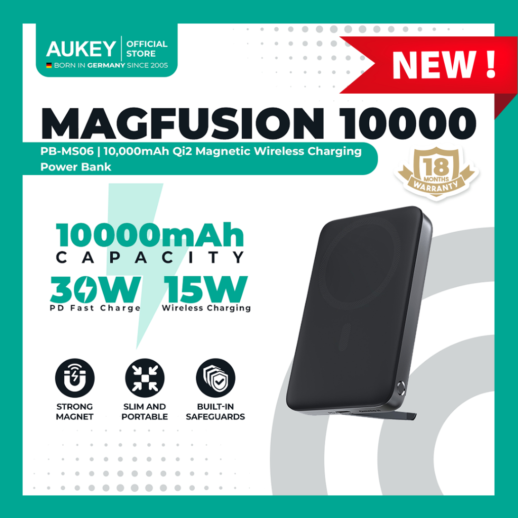 AUKEY PB-MS06 MagFusion 10000mAh 30W Qi2 Magnetic Wireless Charging Power Bank for travel ...